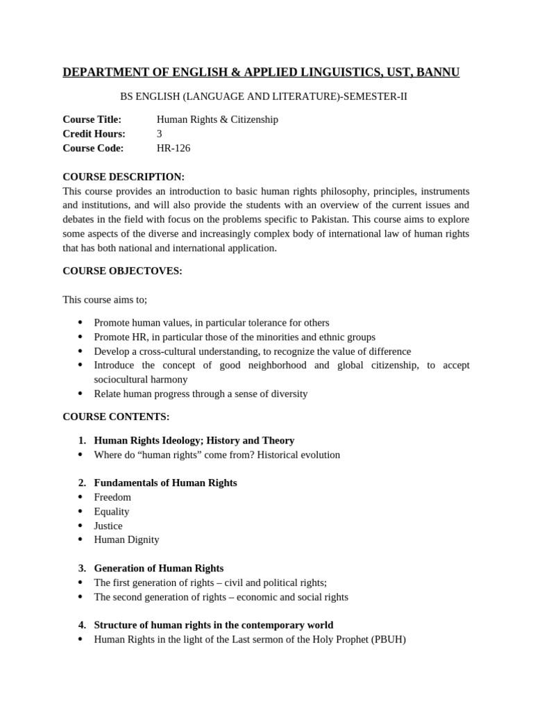 Human Rights & Citizenship Course Overview | PDF | Human Rights | Rights