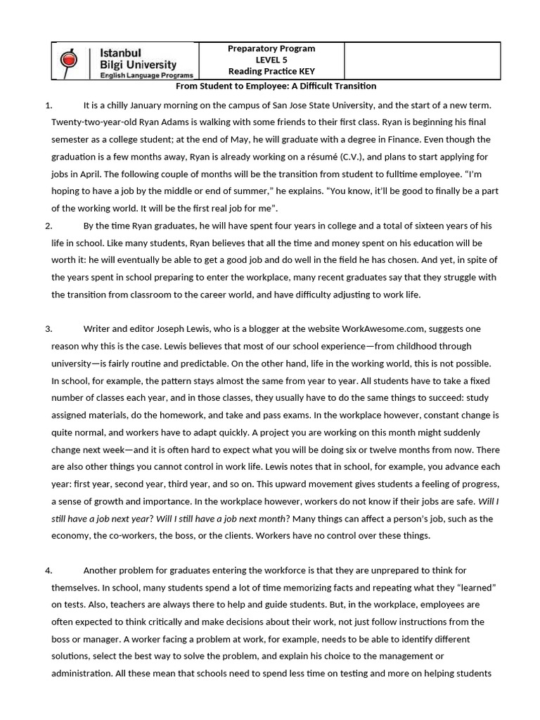 Extra Reading 1 From Student To Employee ANS KEY | PDF | Homework ...