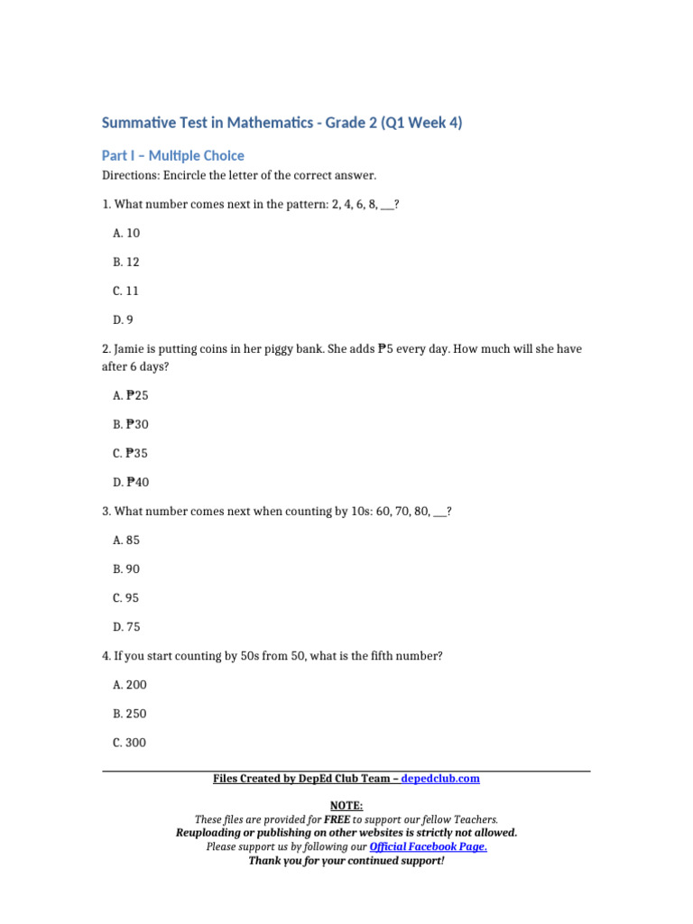 Grade 2 Math Summative Test Q1 W4 | PDF | Chess Openings | Chess