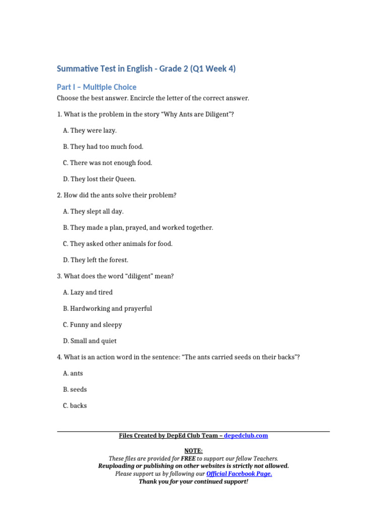 Grade 2 English Summative Test | PDF