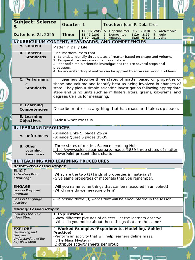 Sample 7e's DLL in Science - RK10 Format | PDF | Idea | Matter