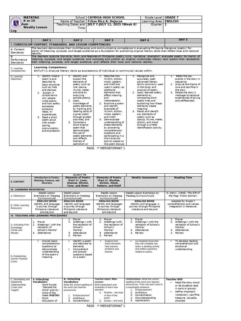ENG7 - Q1-Week4-DLL July 7-July-11-2025 | PDF | Poetry | Reading Comprehension