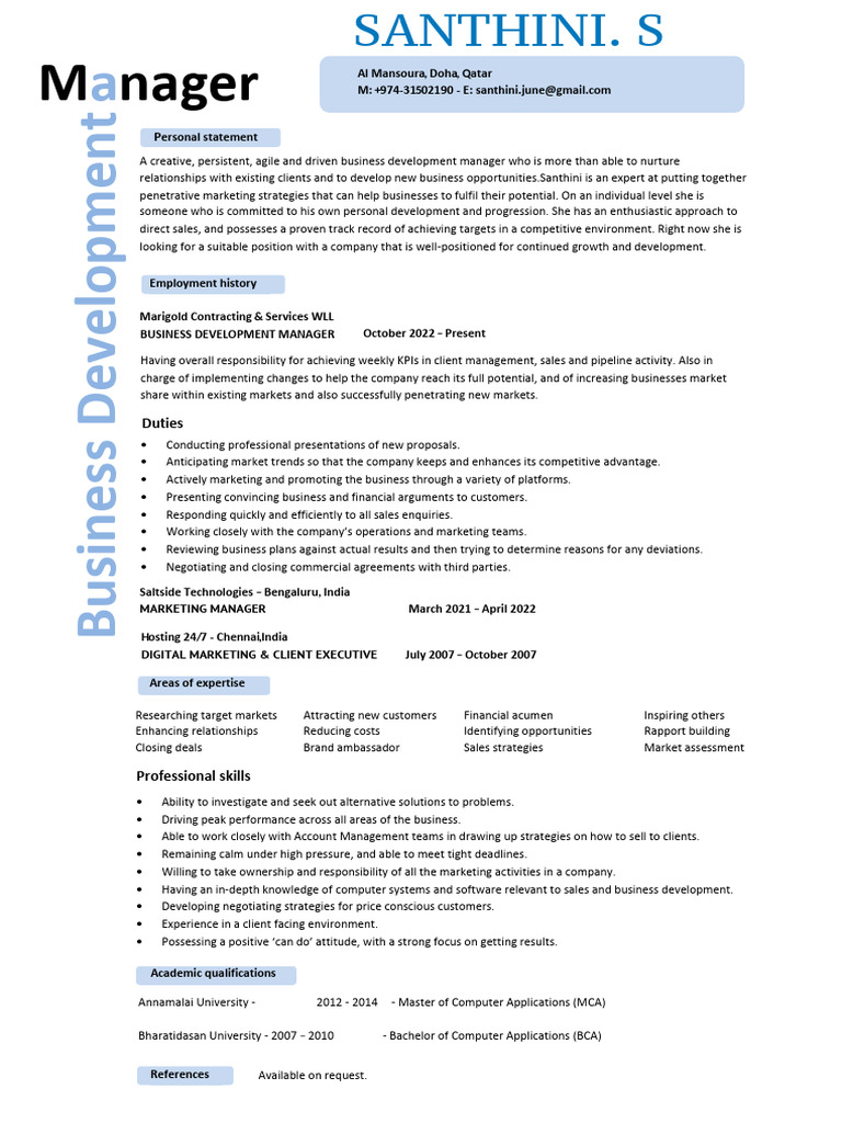 Santhini BDM Resume Type 1 | PDF | Marketing | Business Development