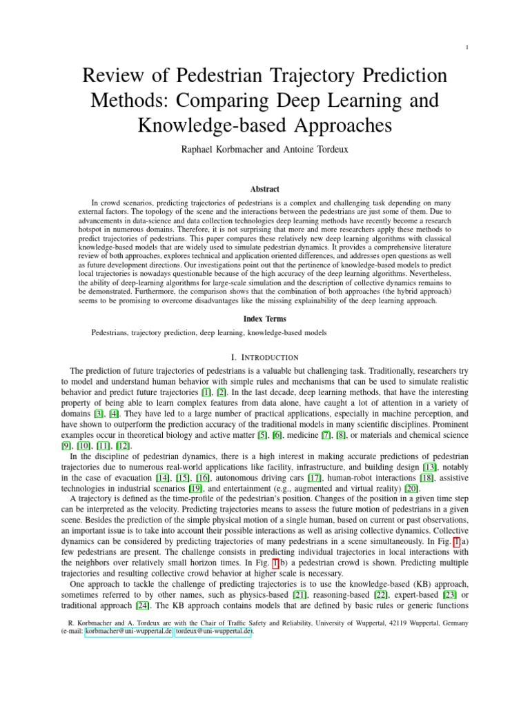 Review of Pedestrian Trajectory Prediction Methods: Comparing Deep Learning and Knowledge-Based ...