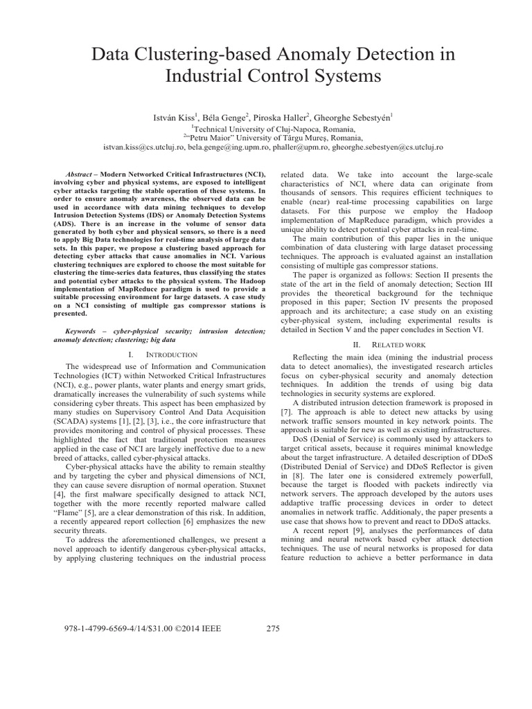 Data Clustering-Based Anomaly Detection in Industrial Control Systems | PDF | Map Reduce ...
