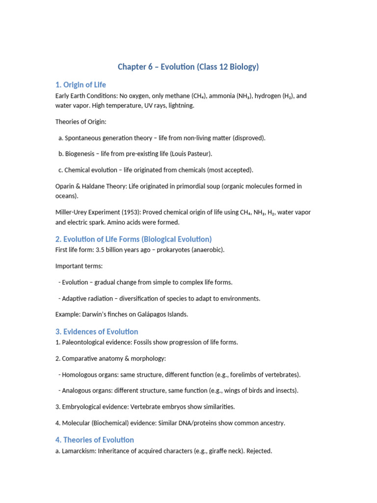 Class 12 Evolution Notes Summary | PDF | Evolution | Homo