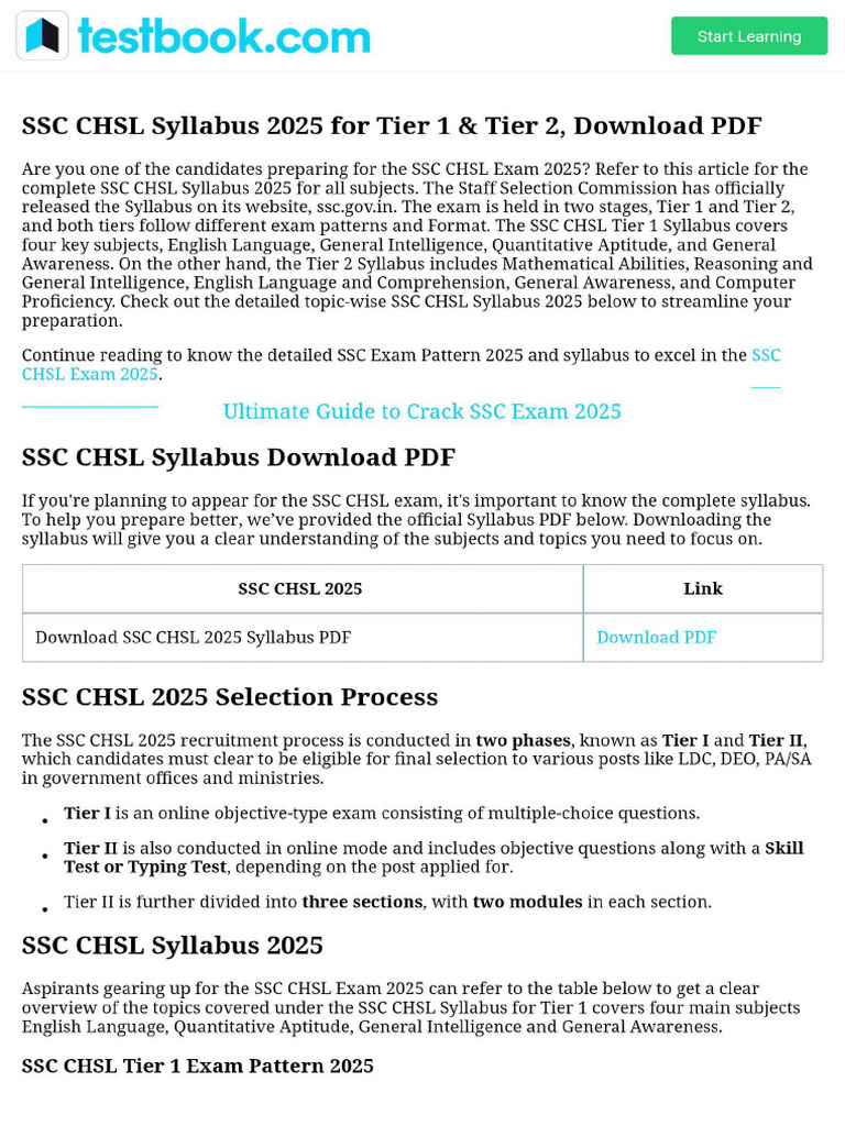 SSC CHSL Syllabus 2025 For Tier 1 & Tier 2, Download PDF | PDF