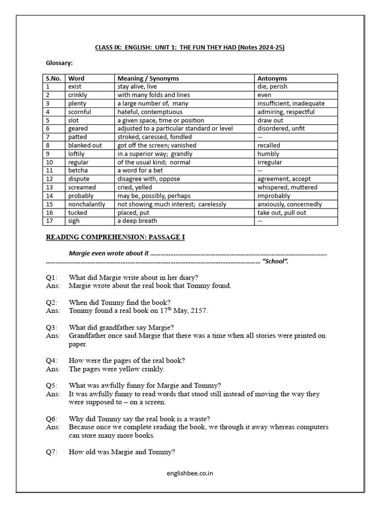 9th Class English Notes | PDF