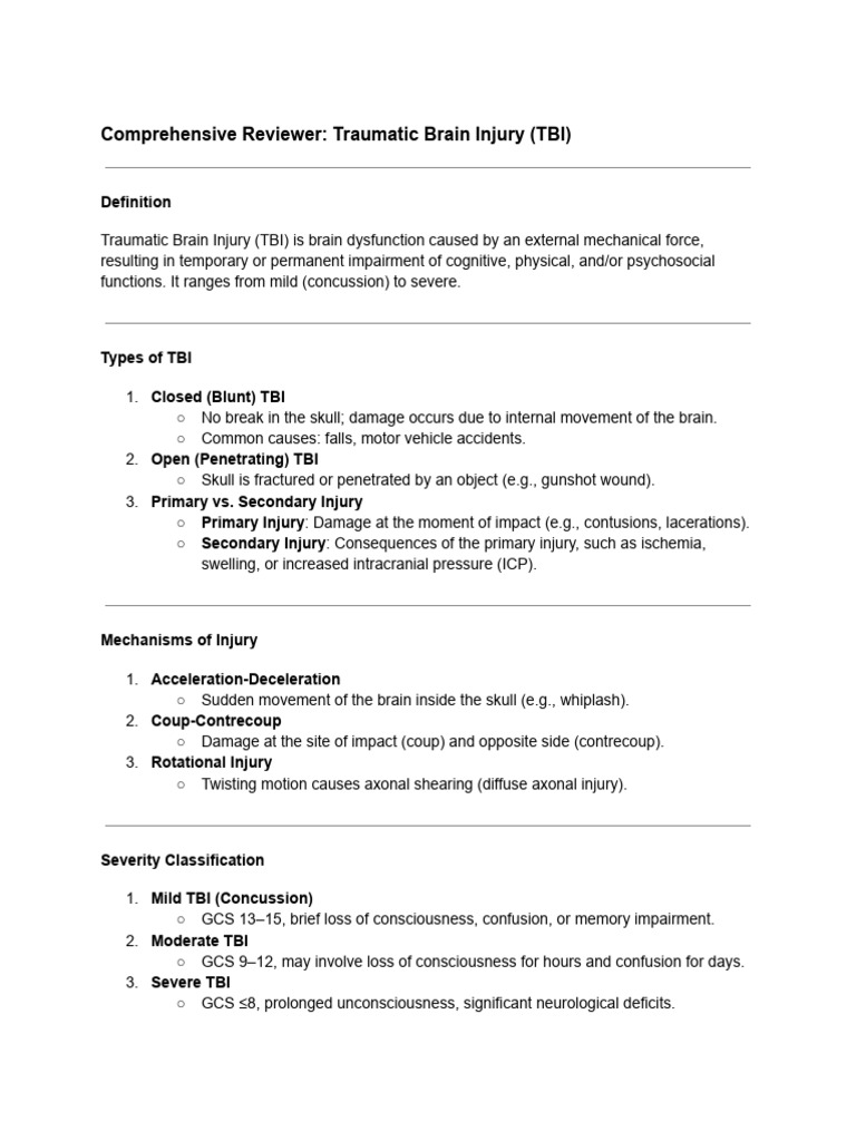Comprehensive Reviewer - Traumatic Brain Injury (TBI) | PDF | Traumatic ...