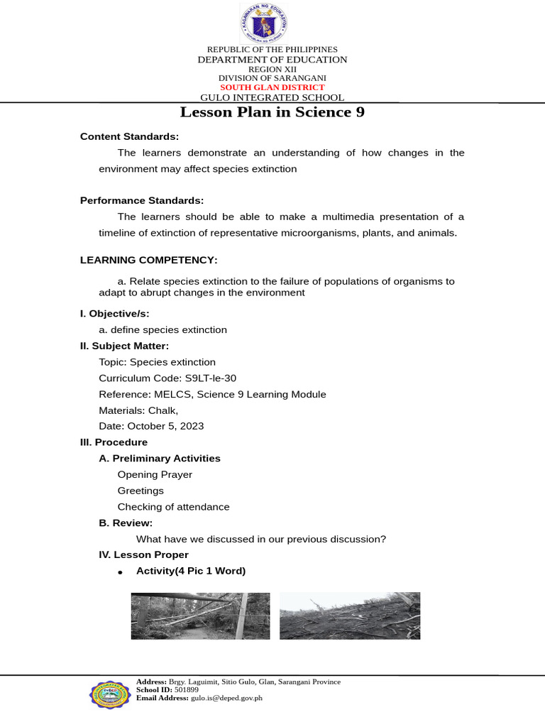 Lesson Plan in Science 9 Species Extinction (Local and Global Issues ...