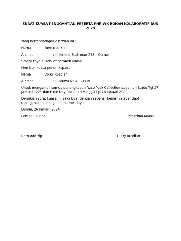 Surat Kuasa Penggantian Peserta PHR WK Rokan Kolaboratif Run 2024 | PDF