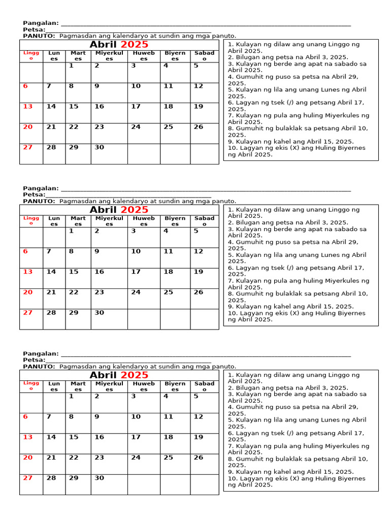 Kalendaryo Activity | PDF