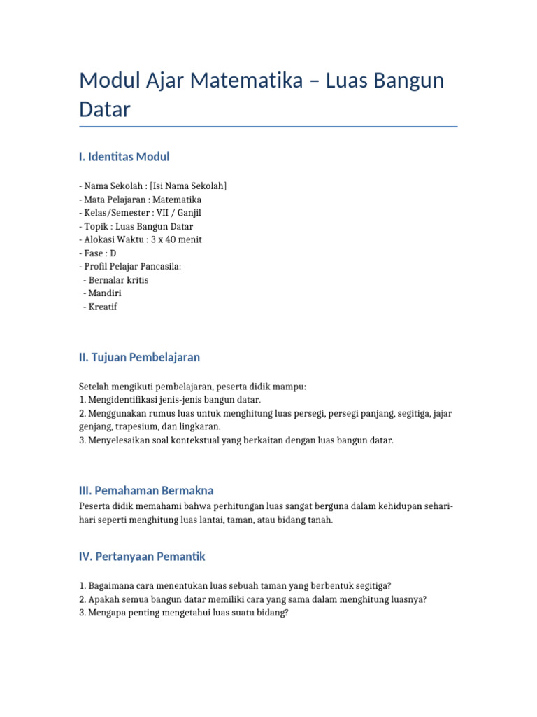 Modul Ajar Matematika Luas Bangun Datar | PDF