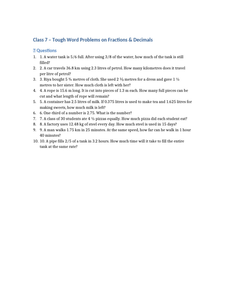 Fractions Decimals Class7 Word Problems | PDF