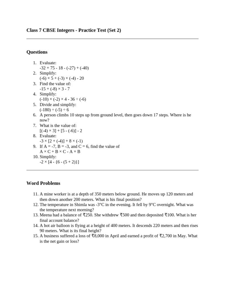 Class 7 CBSE Integers Good Questions | PDF