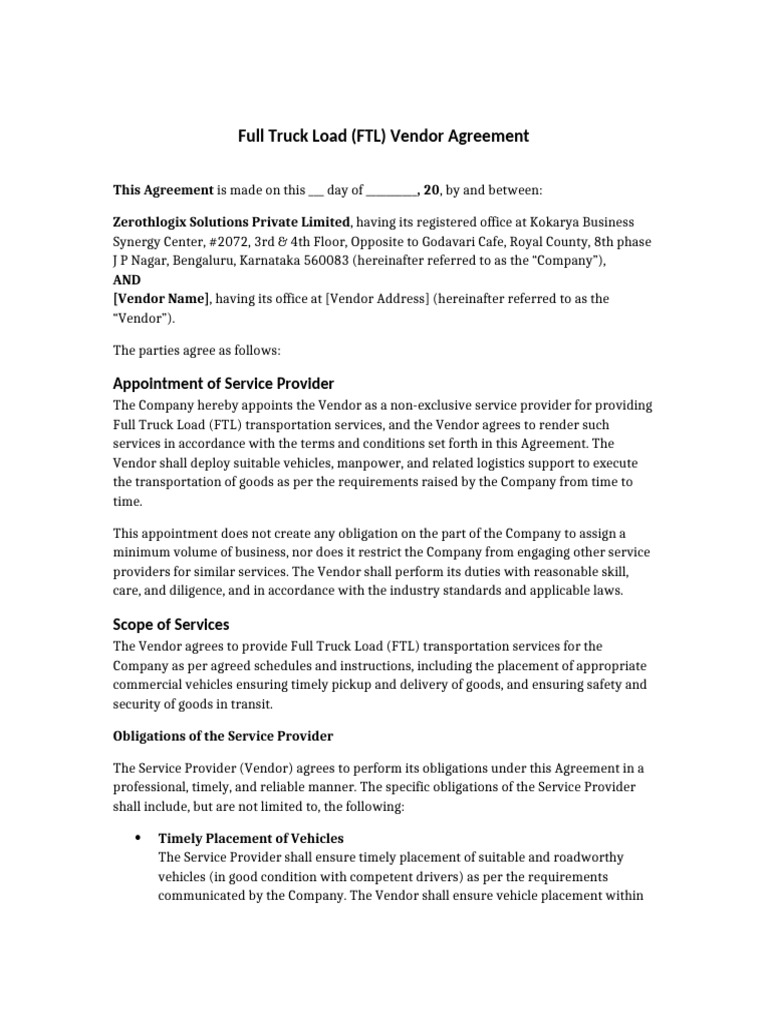 FTL Vendor Agreement Template | PDF | Legal Liability | Taxes