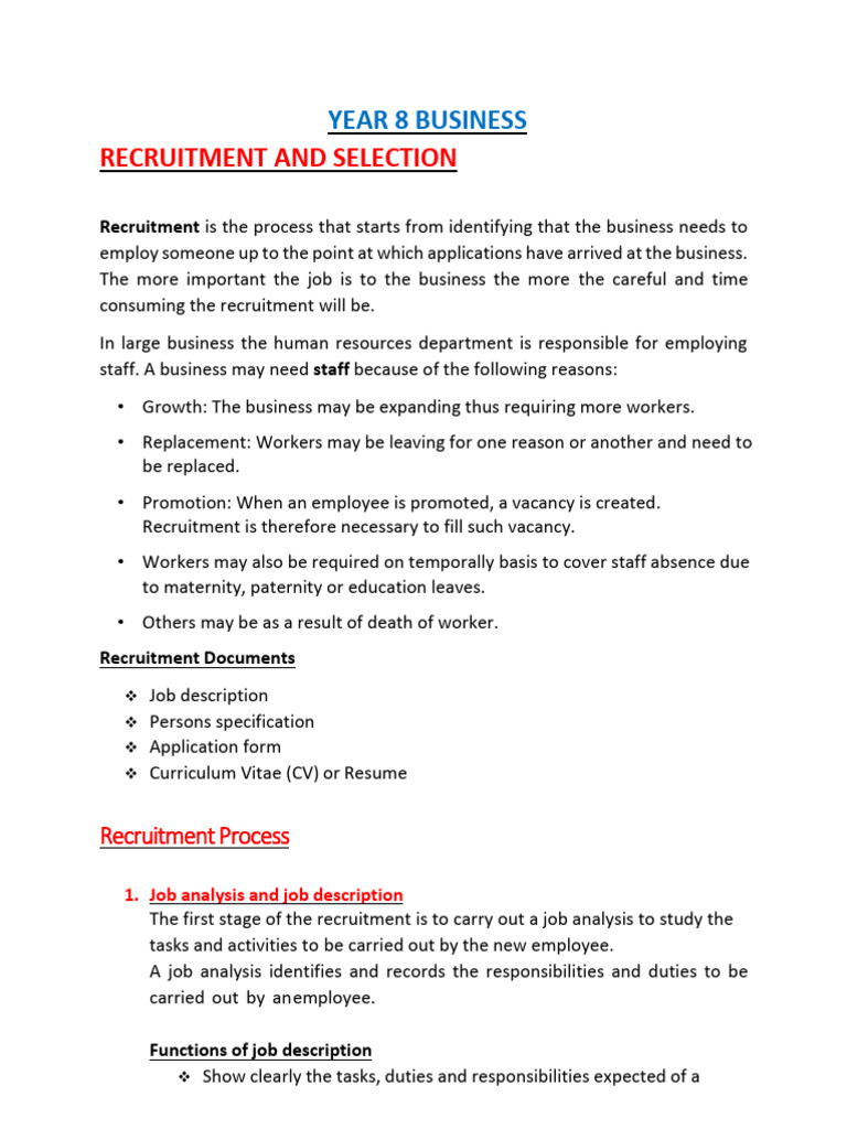 Year 8 Business: Recruitment Process Guide | PDF | Recruitment | Employment