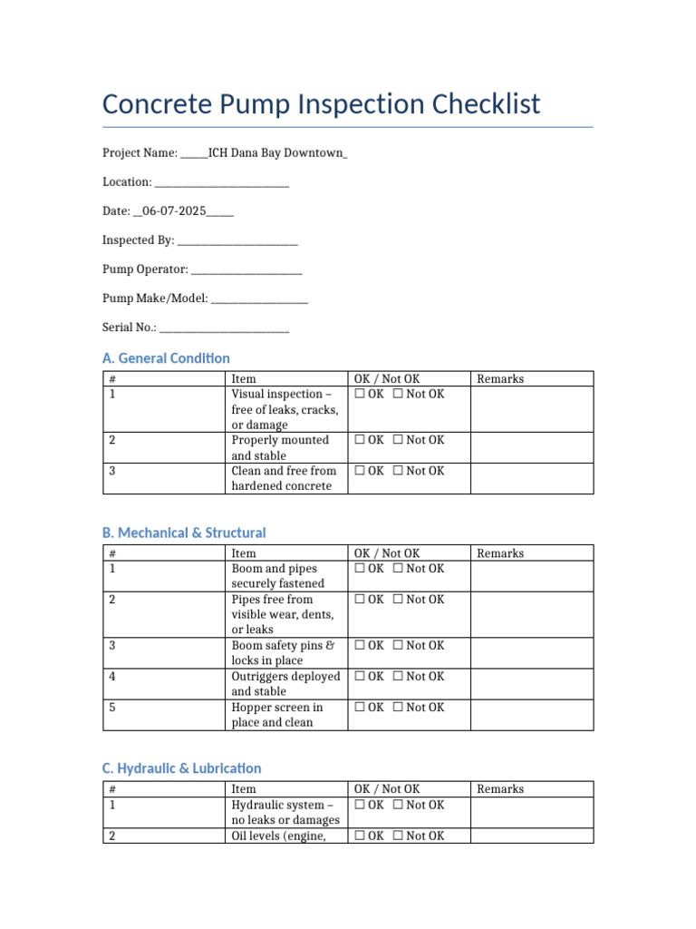 Concrete Pump Inspection Checklist | PDF