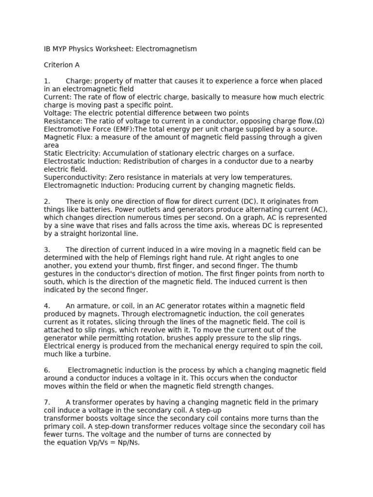 IB MYP Physics Worksheet | PDF | Electromagnetic Induction | Inductor