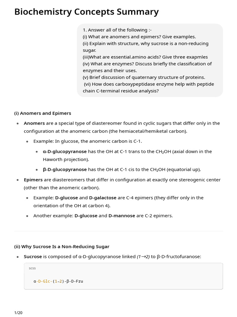 Biochemistry Concepts Summary | PDF | Enzyme | Glucose