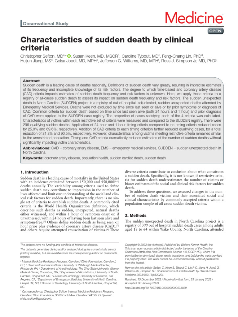 Sudden Death Characteristics Study | PDF | Cardiac Arrest | Death