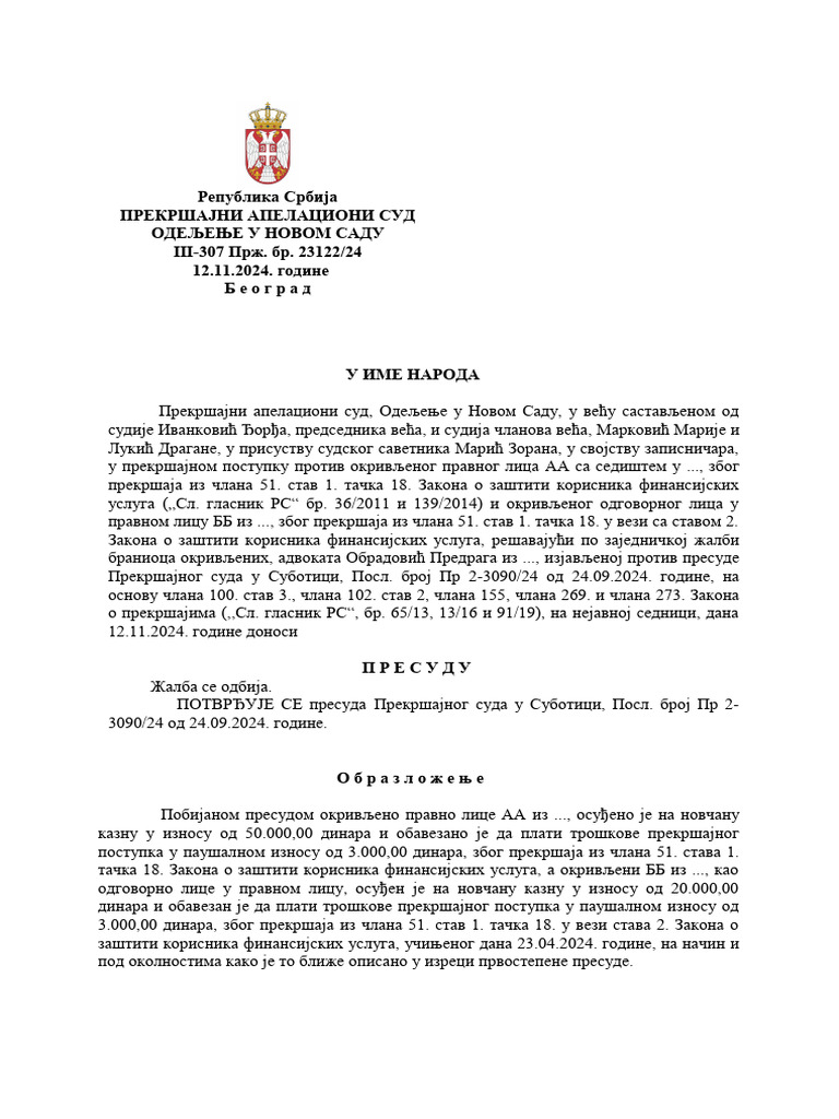 Prekrsajni Apelacioni Sud PRZH 23122 2024 | PDF