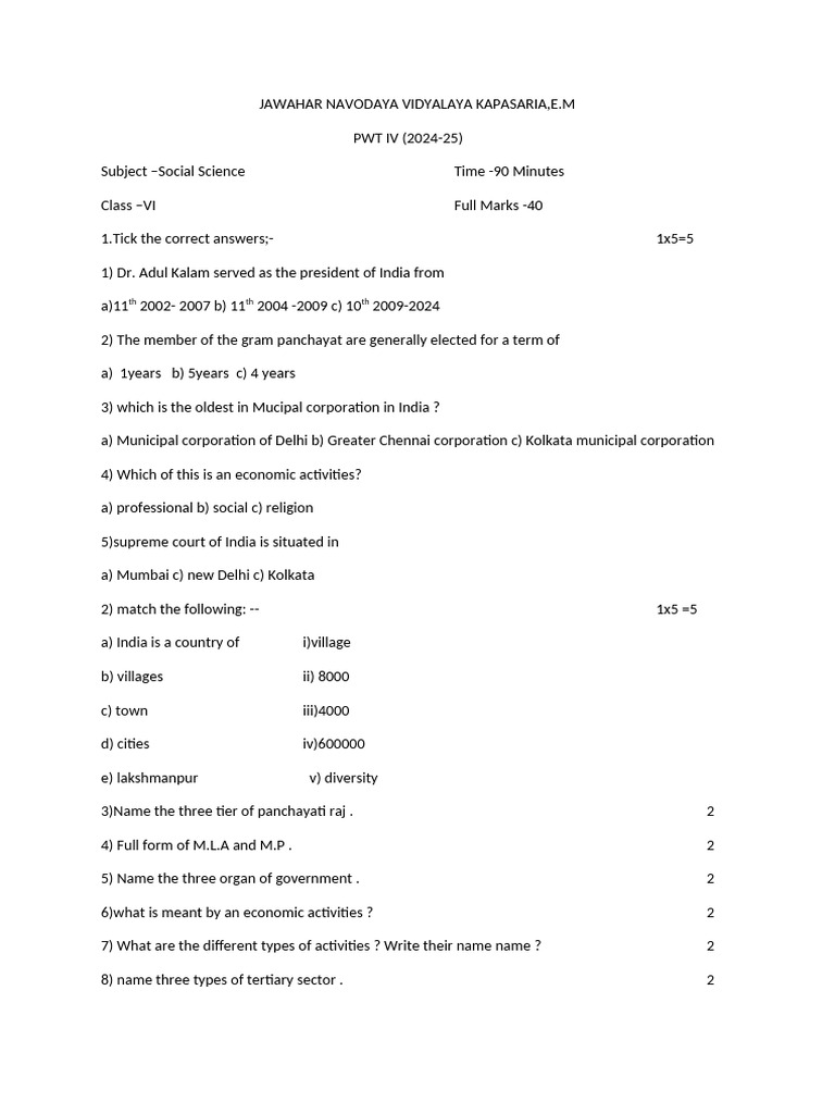 Class Vi PWT 4 2024 - 25 | PDF | Government Of India
