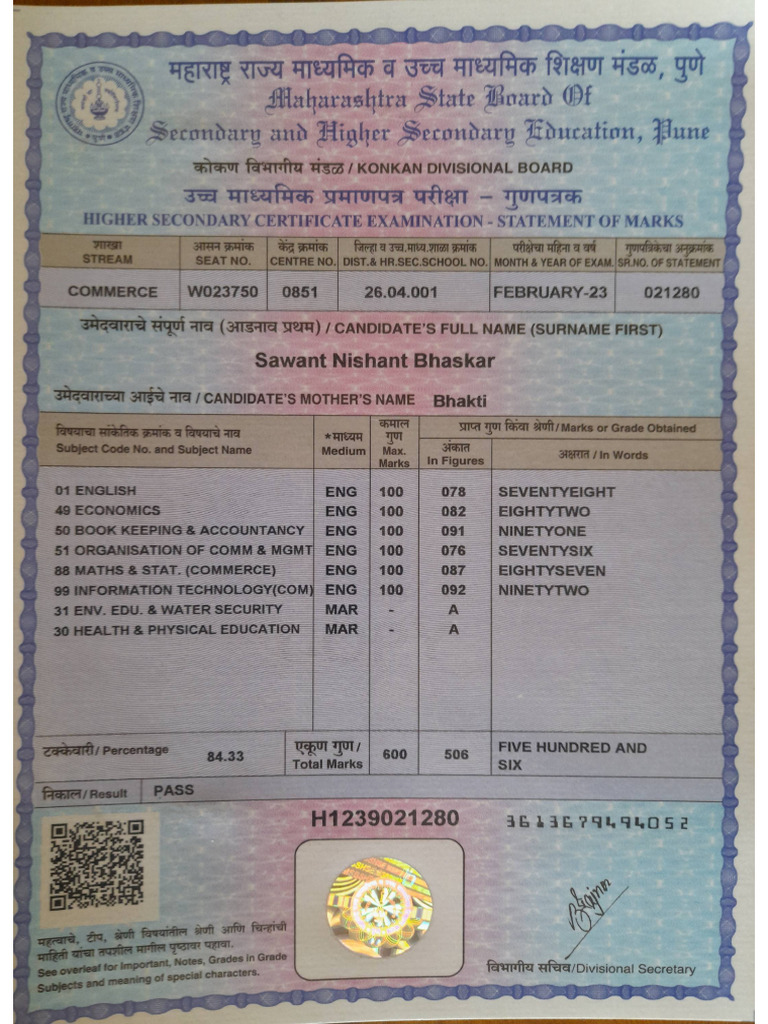 12th Marksheet | PDF
