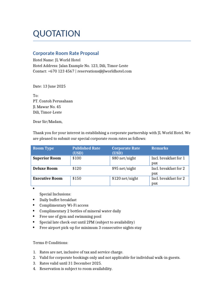 Corporate Room Rate Quotation JL World Hotel | PDF