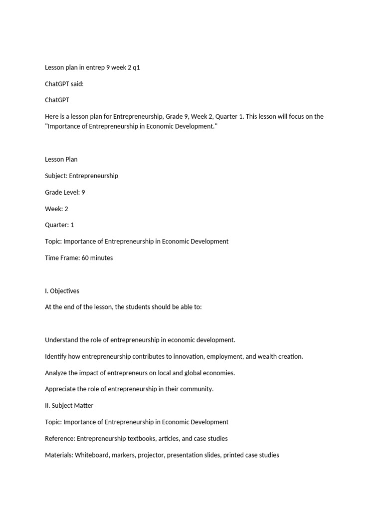 Lesson Plan in Entrep 9 Q1w2 | PDF | Entrepreneurship | Innovation