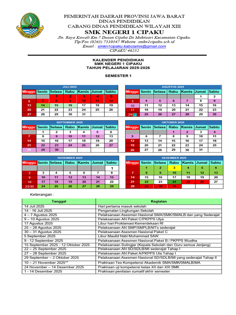 TTD Kalender - Pendidikan SMK N 1 Cipaku - 2025 - 2026 | PDF