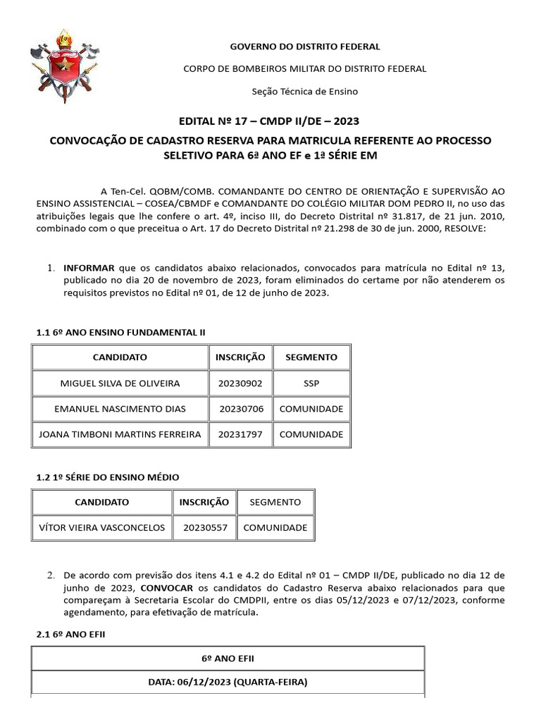 Convocação para Matrícula CMDP II/DE 2023 | PDF