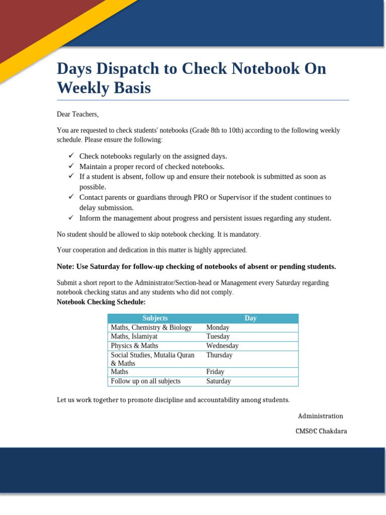Notebook Checking Schedule for Teachers | PDF