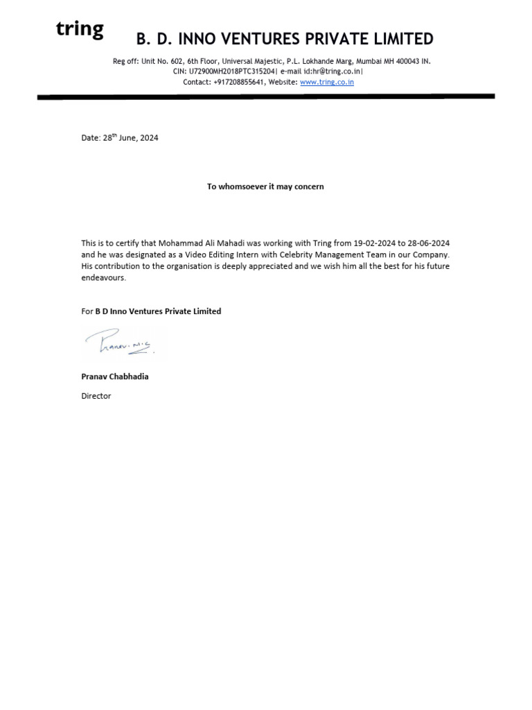 Experience Letter - Mohammad Ali Mahadi | PDF