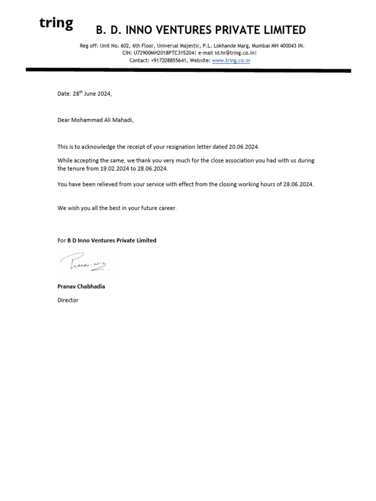 Leaving Letter - Mohammad Ali Mahadi | PDF