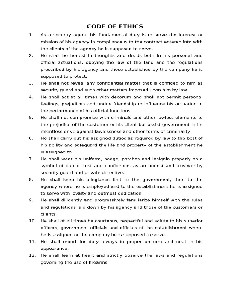 Code of Ethics - Security Guard | PDF | Government | Justice