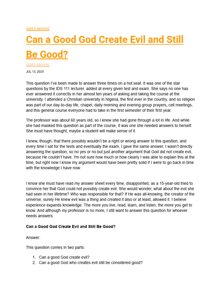 Can A Good God Create Evil and Still Be Good? | PDF | Genesis Creation ...