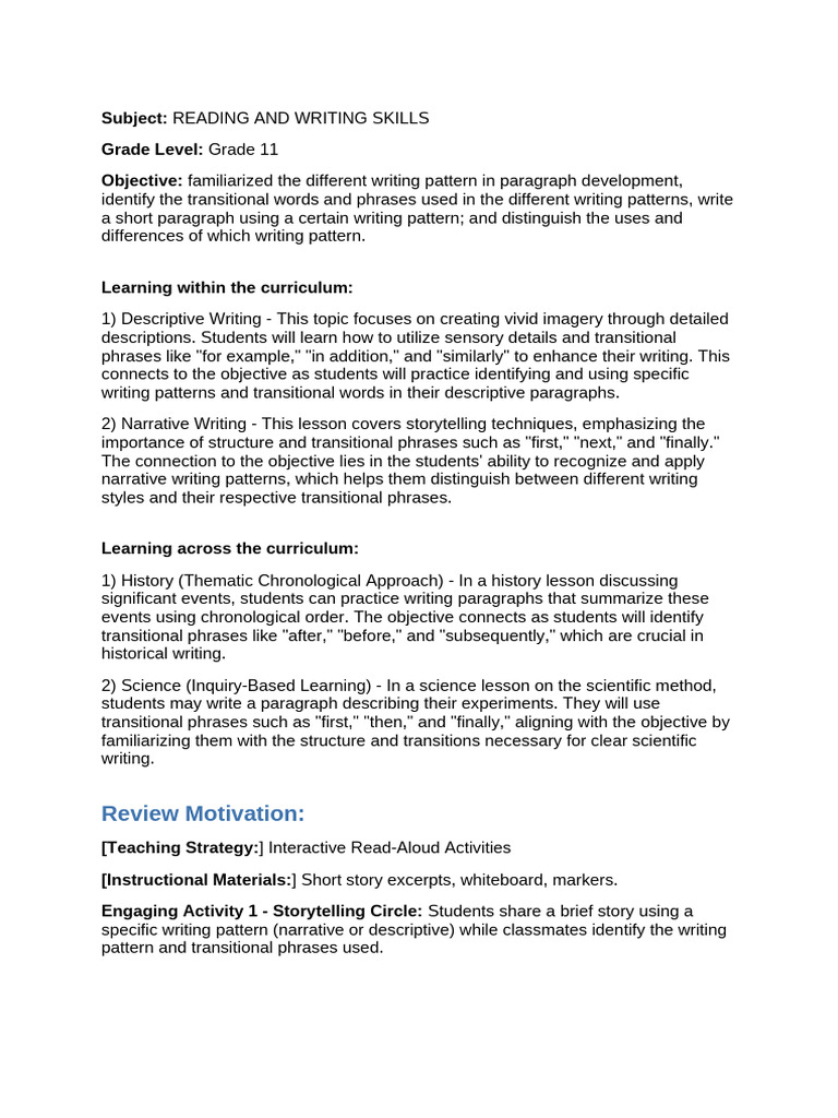 Writing Patterns and Transitions Guide | PDF | Storytelling | Narrative
