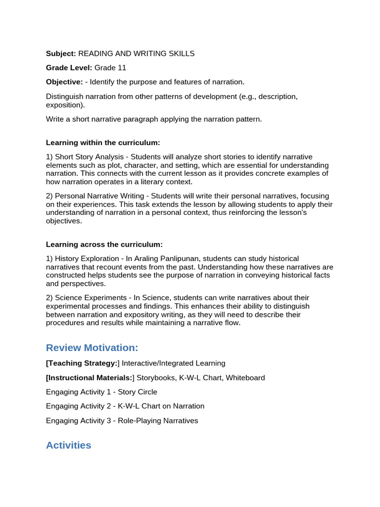 Lesson - Plan - Reading and Writing Skills | PDF | Narrative | Narration