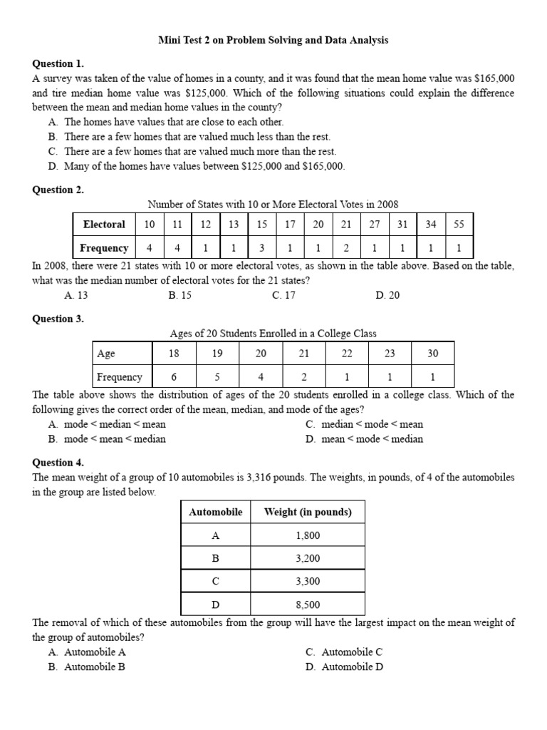 Mini Test 2 On Problem Solving and Data Analysis | PDF