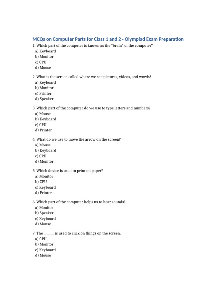 Computer Parts MCQs Class1-2 | PDF | Computer Keyboard | Computer Monitor