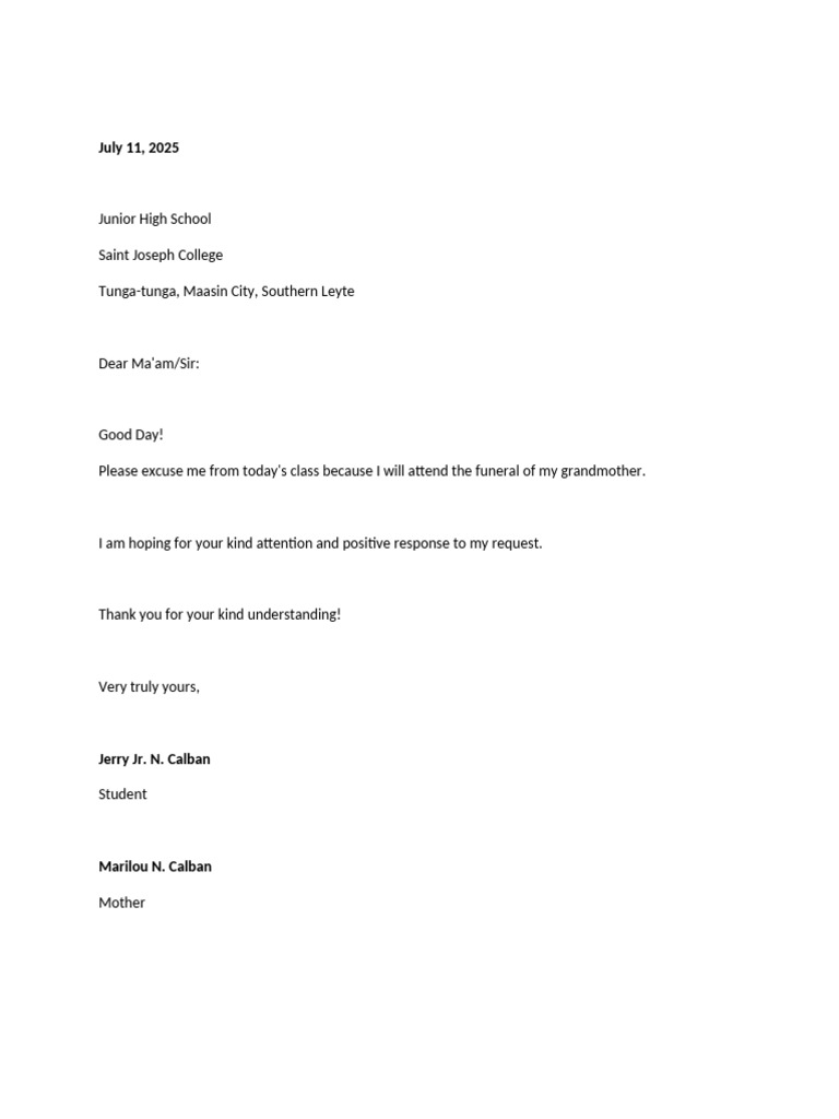Excuse Letter for Class Absence | PDF