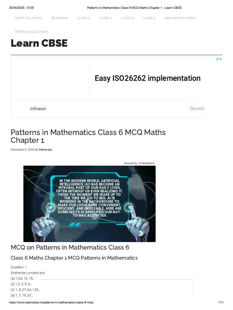 Class 6 Patterns in Mathematics MCQs | PDF | Numbers | Mathematics