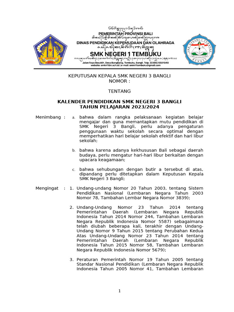 Kalender Pendidikan SMKN 1 TEMBUKU 2022-2023 | PDF
