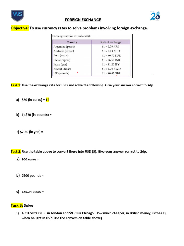 Year 10 - Foreign Exchange - Worksheet | PDF