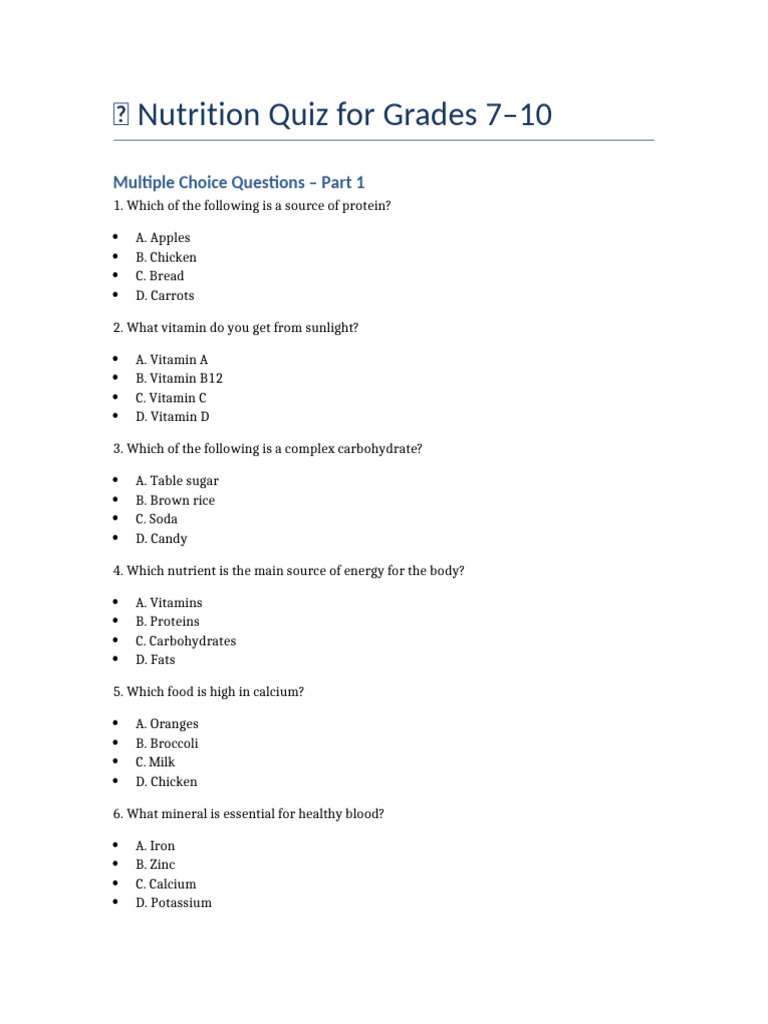 Nutrition Quiz for Grades 7-10 | PDF | Foods | Vitamin