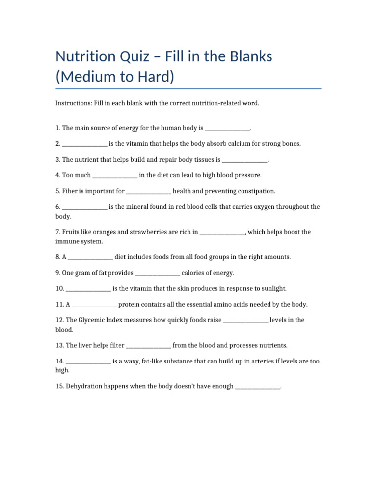 Nutrition Quiz Fill in The Blanks | PDF