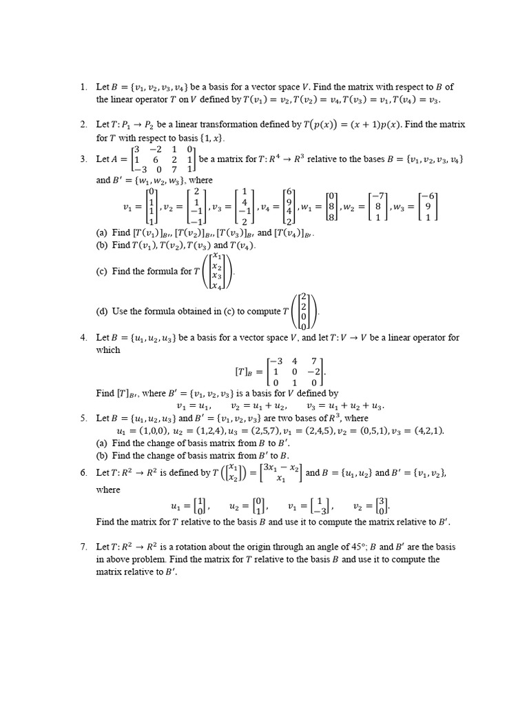 Tutorial Sheet - 10 - Linear Transformation-2 | PDF | Basis (Linear Algebra) | Functions And ...