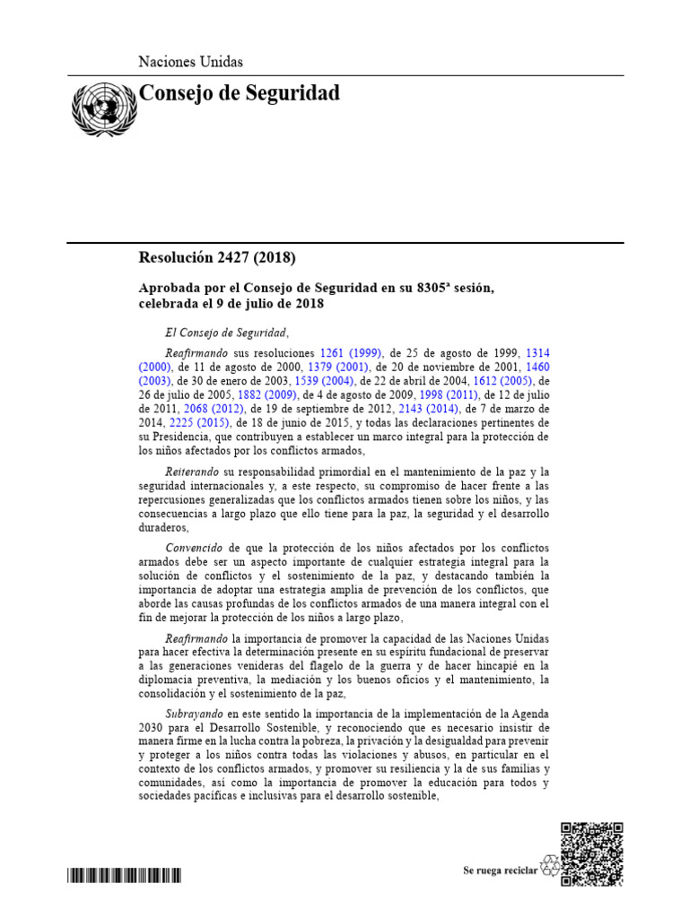 CSNU - Resolución 2427 (2018) | PDF | Naciones Unidas | Relaciones ...
