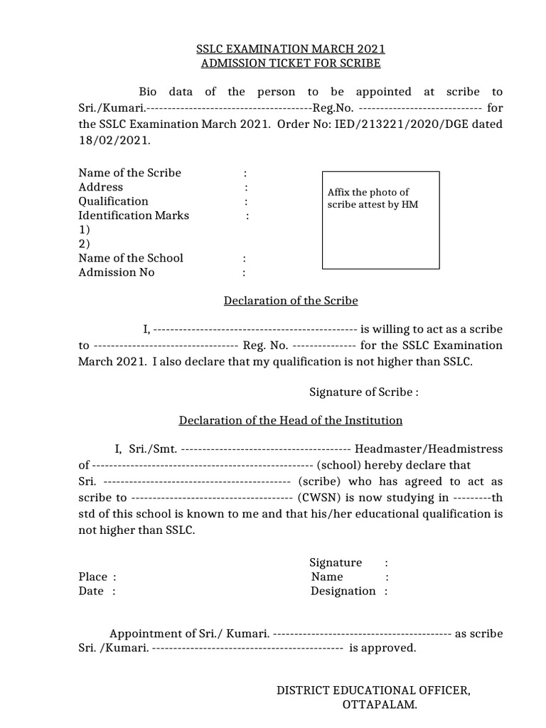 SSLC Scribe Examination Admission Ticket | PDF